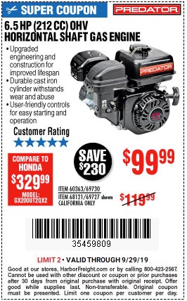 Just $99.99 for a 6.5HP (212cc) OHV Horizontal Shaft Gas Engine ...