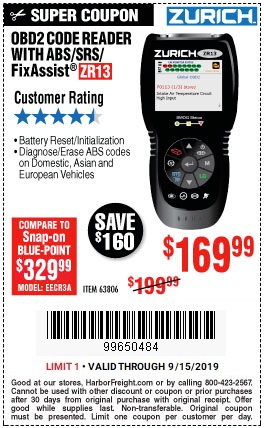 Buy the ZR13 OBD2 Code Reader by Zurich by $169.99 – Harbor Freight Coupons