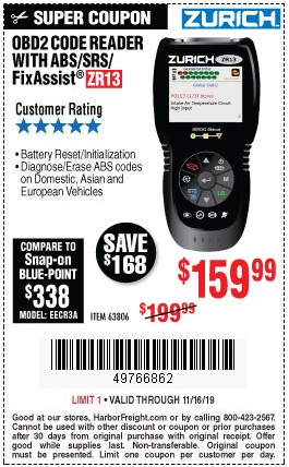 Buy the ZR13 OBD2 Code Reader by Zurich by $159.99 – Harbor Freight Coupons