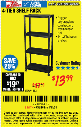 U.S. GENERAL 4-Tier Shelf Rack for $13.99 through 1/31/2020 – Harbor ...