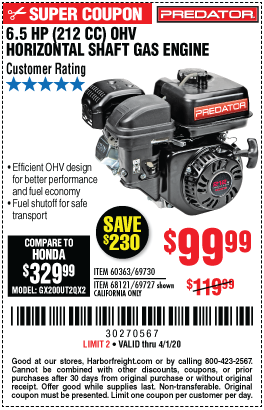 PREDATOR ENGINES 6.5 HP (212cc) OHV Horizontal Shaft Gas Engine for $99 ...