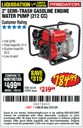 PREDATOR 2 in. 212cc Gasoline Engine Semi-Trash Water Pump for $184.99 – Harbor Freight Coupons