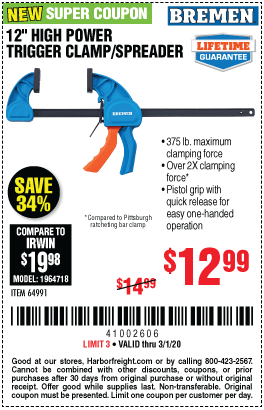 BREMEN 12 In. High Power Trigger Clamp/Spreader for $12.99 – Harbor ...