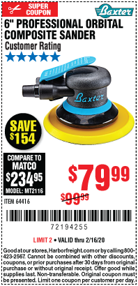 BAXTER 6 In. Professional Orbital Composite Sander for $79.99 – Harbor ...