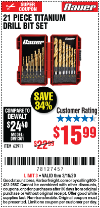 BAUER Titanium Drill Bit Set 21 Pc. for $15.99 – Harbor Freight Coupons
