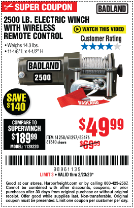 BADLAND 2500 lb. ATV/Utility Winch for $49.99 – Harbor Freight Coupons