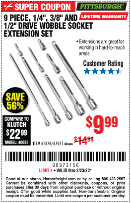 PITTSBURGH Wobble Socket Extension Set 9 Pc. for $9.99 – Harbor Freight ...