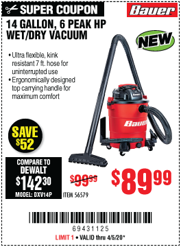 BAUER 14 Gallon Wet/Dry Vacuum for $89.99 – Harbor Freight Coupons