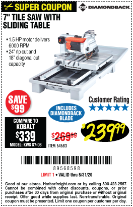 DIAMONDBACK 7 in. Heavy Duty Wet Tile Saw with Sliding Table for $239. ...