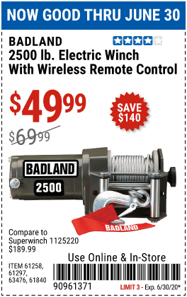 BADLAND 2500 lb. ATV/Utility Winch for $49.99 – Harbor Freight Coupons