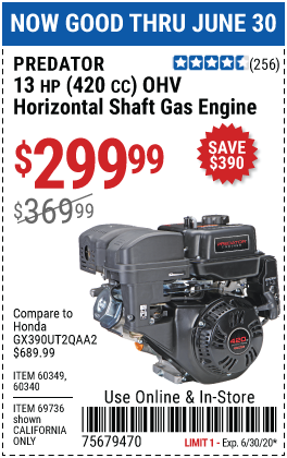 PREDATOR 13 HP (420cc) OHV Horizontal Shaft Gas Engine for $299.99 ...