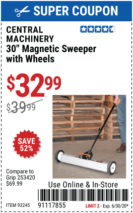 CENTRAL MACHINERY 30 In. Magnetic Sweeper with Wheels for $32.99 ...