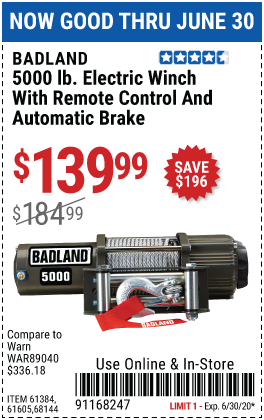 BADLAND 5000 lb. UTV/Utility Winch for $139.99 – Harbor Freight Coupons