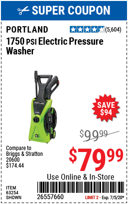 PORTLAND® 1750 PSI 1.3 GPM Electric Pressure Washer – Item 63254 / ...