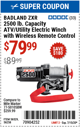 BADLAND 2500 Lb. ATV/Utility Electric Winch With Wireless Remote Control for $79.99 – Harbor ...