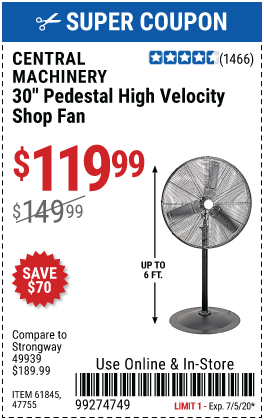 CENTRAL MACHINERY 30 In. Pedestal High Velocity Shop Fan for $119.99 ...
