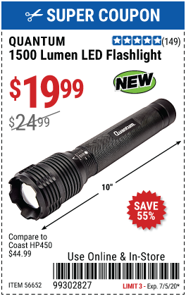 QUANTUM 1500 Lumen LED Flashlight for $19.99 – Harbor Freight Coupons