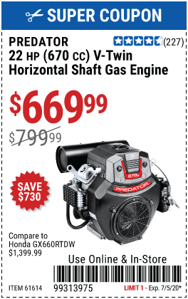 PREDATOR 22 HP (670cc) V-Twin Horizontal Shaft Gas Engine EPA for $669. ...