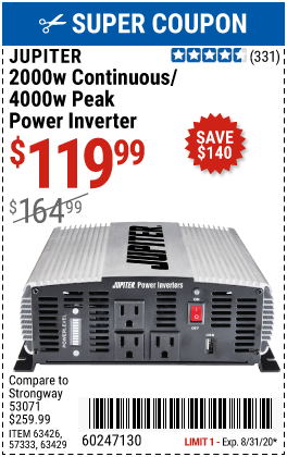 JUPITER 2000 Watt Continuous/4000 Watt Peak Modified Sine Wave Power Inverter for $119.99 ...