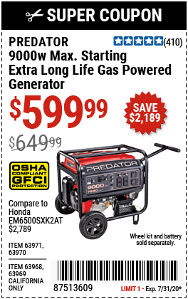 PREDATOR 9000 Watt Max Starting Extra Long Life Gas Powered Generator ...