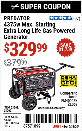 PREDATOR 4375 Watt Max Starting Extra Long Life Gas Powered Generator ...