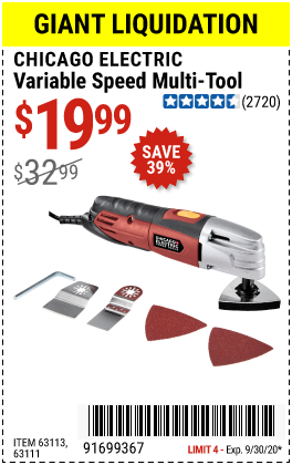 CHICAGO ELECTRIC Variable Speed Oscillating Multi-Tool for $19.99 ...