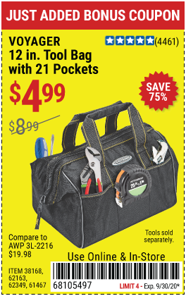 VOYAGER 12 in. Tool Bag with 21 Pockets for $4.99 – Harbor Freight Coupons
