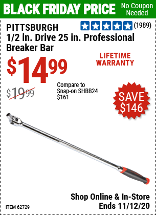 PITTSBURGH 1/2 in. Drive 25 in. Professional Breaker Bar for $14.99 ...