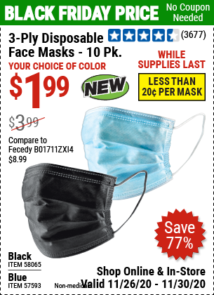 3-Ply Disposable Face Masks – 10 Pk Blue for $1.99 – Harbor Freight Coupons