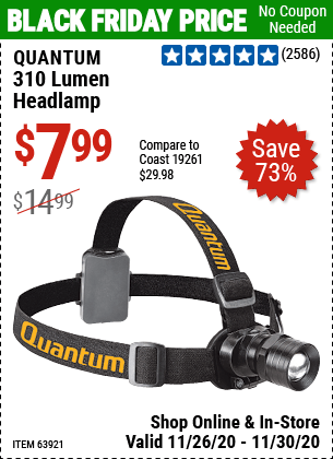 QUANTUM 310 Lumen Headlamp for $7.99 – Harbor Freight Coupons