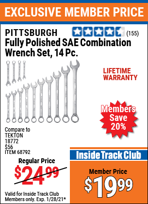 PITTSBURGH 14 Pc Fully Polished SAE Combination Wrench Set for $19.99 ...