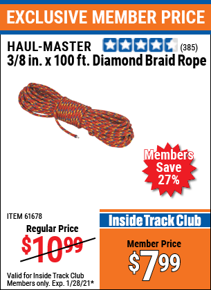 HAUL-MASTER 3/8 in. x 100 ft. Diamond Braid Rope for $7.99 – Harbor ...