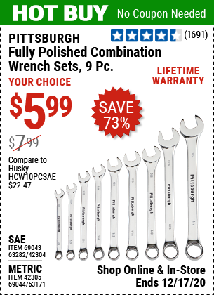 PITTSBURGH Fully Polished SAE Combination Wrench Set 9 Pc. for $5.99 ...