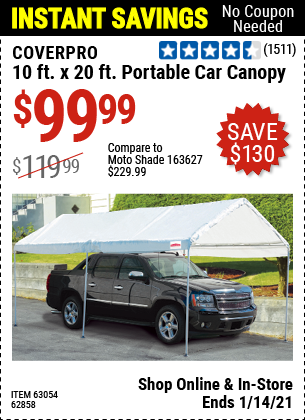 COVERPRO 10 Ft. X 20 Ft. Portable Car Canopy for $99.99 – Harbor ...