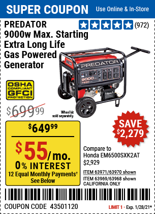 PREDATOR 9000 Watt Max Starting Extra Long Life Gas Powered Generator ...