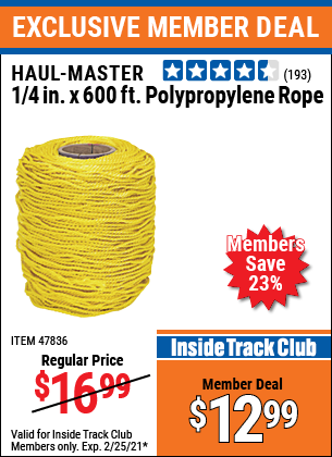 HAUL-MASTER 1/4 in. x 600 ft. Polypropylene Rope for $12.99 – Harbor ...