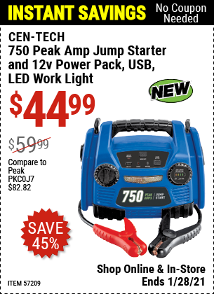 CEN-TECH 750 Peak Amp Jump Starter And 12v Power Pack, USB, LED Work ...