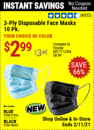3-Ply Disposable Face Masks for $2.99 – Harbor Freight Coupons