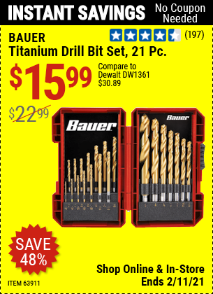 BAUER Titanium Drill Bit Set 21 Pc. for $15.99 – Harbor Freight Coupons