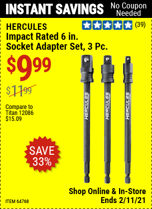 HERCULES Impact Rated 6 in. Socket Adapter Set 3 Pc. for $9.99 – Harbor ...