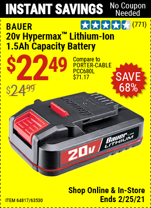 BAUER 20V HyperMax Lithium-Ion 1.5 Ah Compact Battery for $22.49 ...