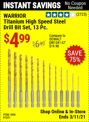 WARRIOR Titanium High Speed Steel Drill Bit Set 13 Pc. for $4.99 ...