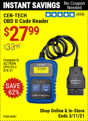 CEN-TECH OBD II Code Reader for $27.99 – Harbor Freight Coupons