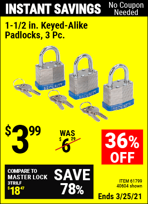 HFT 1-1/2 in. Keyed-Alike Padlocks 3 Pc. for $3.99 – Harbor Freight Coupons