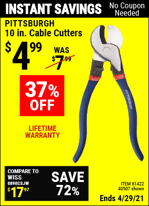 PITTSBURGH 10 in. Cable Cutters for $4.99 – Harbor Freight Coupons