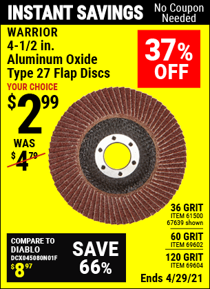 WARRIOR 4-1/2 in. Flap Disc for $2.99 – Harbor Freight Coupons