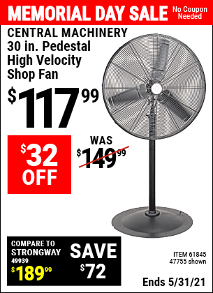 CENTRAL MACHINERY 30 In. Pedestal High Velocity Shop Fan for $117.99 ...