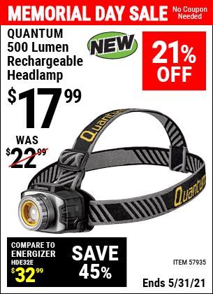 QUANTUM 500 Lumen Rechargeable Headlamp for $17.99 – Harbor Freight Coupons