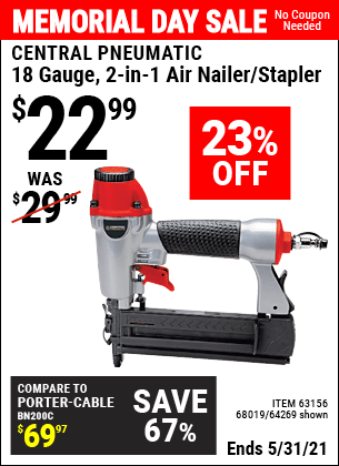 CENTRAL PNEUMATIC 18 Gauge 2-in-1 Air Nailer/Stapler for $22.99 ...