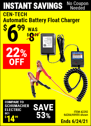 CEN-TECH Automatic Battery Float Charger for $6.99 – Harbor Freight Coupons